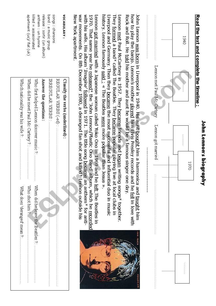 John Lennon´s biography - ESL worksheet by vernerey