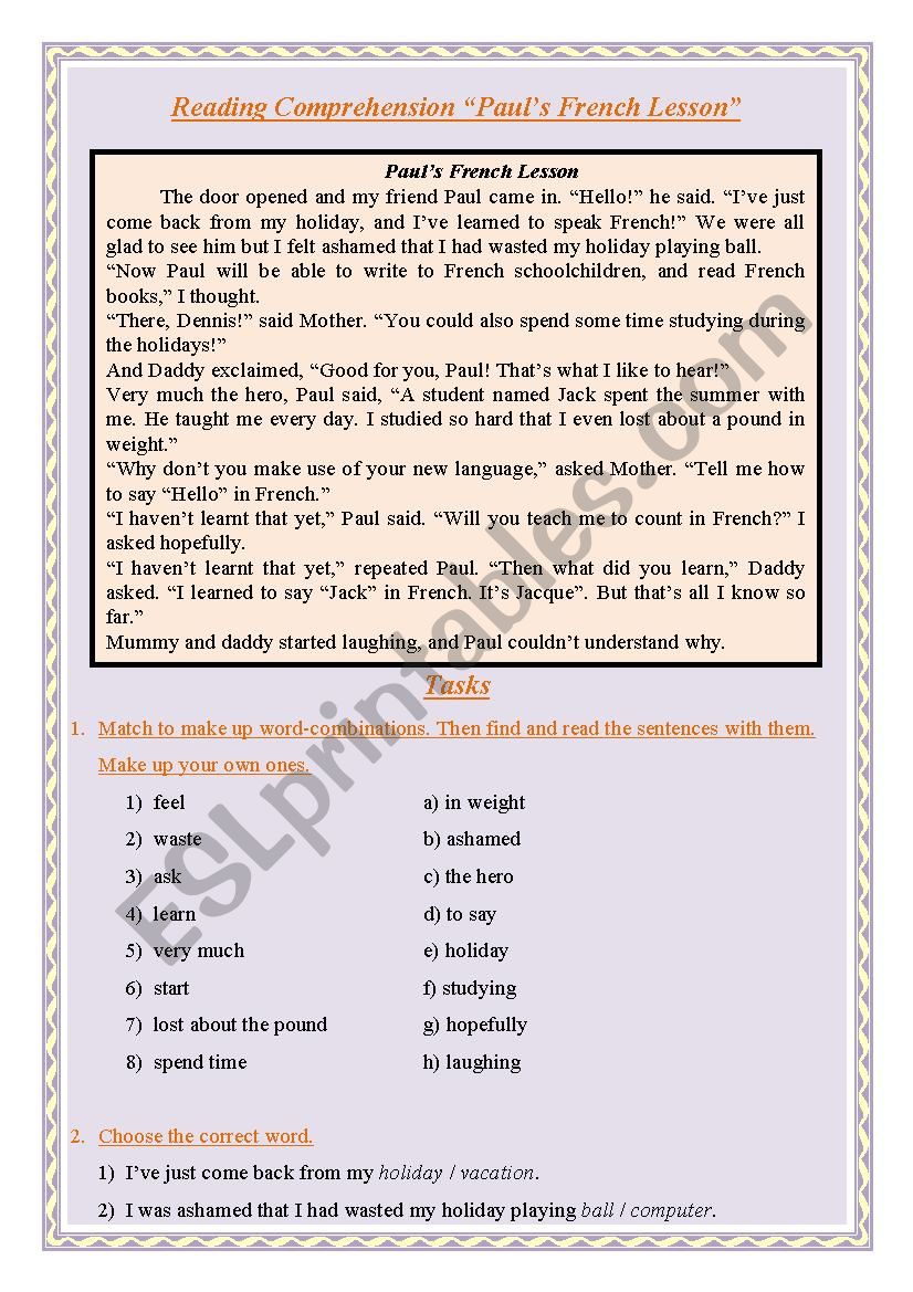 Reading Comprehension "Paul´s French Lesson" - ESL worksheet by ...