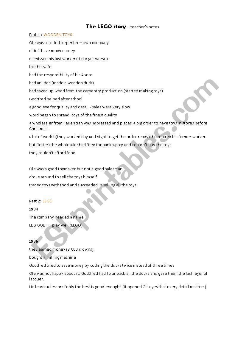 The LEGO story - teacher´s notes - ESL worksheet by Ceridwenn