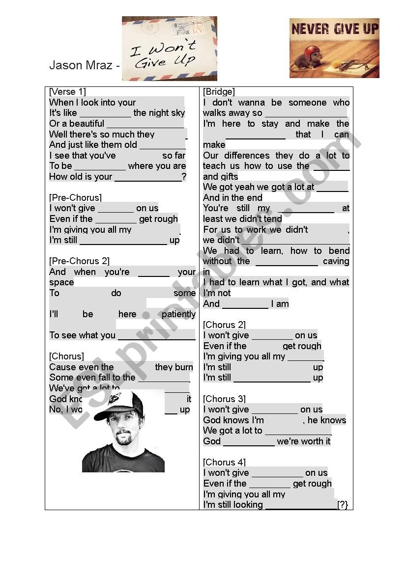 I won´t give up - Jason mraz - ESL worksheet by bazza