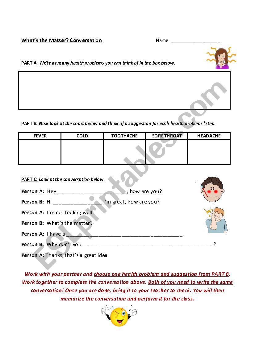 What´s the Matter Dialogue - ESL worksheet by hollandsk