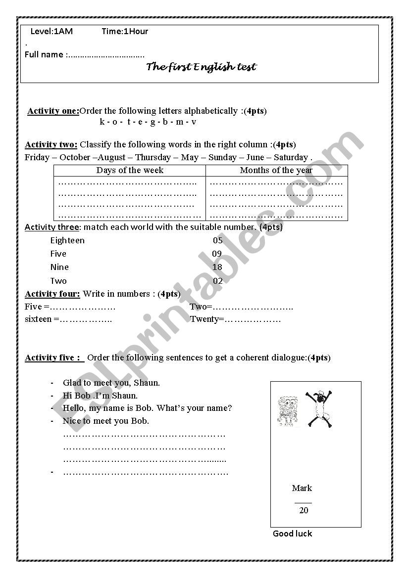 First Term English Test n°2 - ESL worksheet by ninaone33