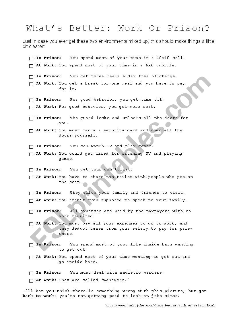 What’s Better: Work or Prison? - ESL worksheet by dennypackard