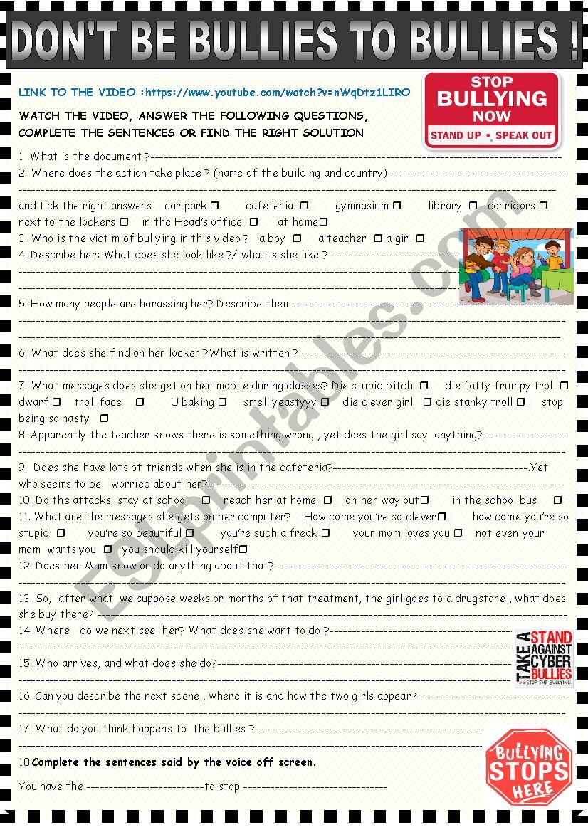 Don´t be bullies to bullies: video session on bullying - ESL worksheet ...