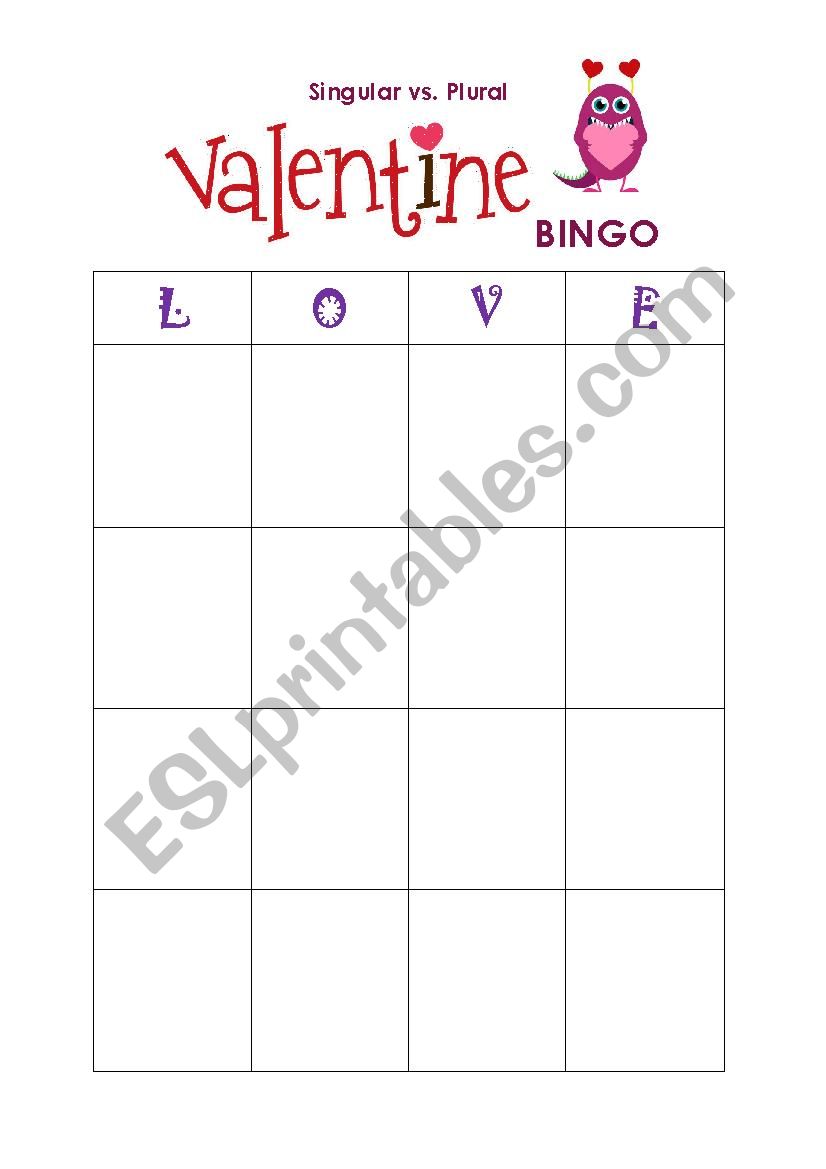 Singular and Plural ValentineÂ´s Day Bingo - ESL worksheet by HeidiEnglish