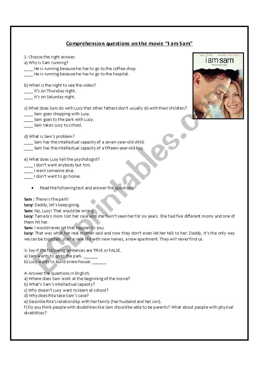 Comprehension questions on the movie “I am Sam” - ESL worksheet by ...
