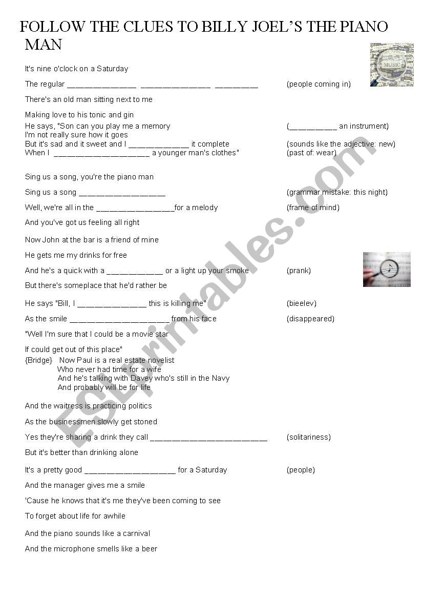 Follow the clues to Billy Joel´s The Piano Man - ESL worksheet by ...