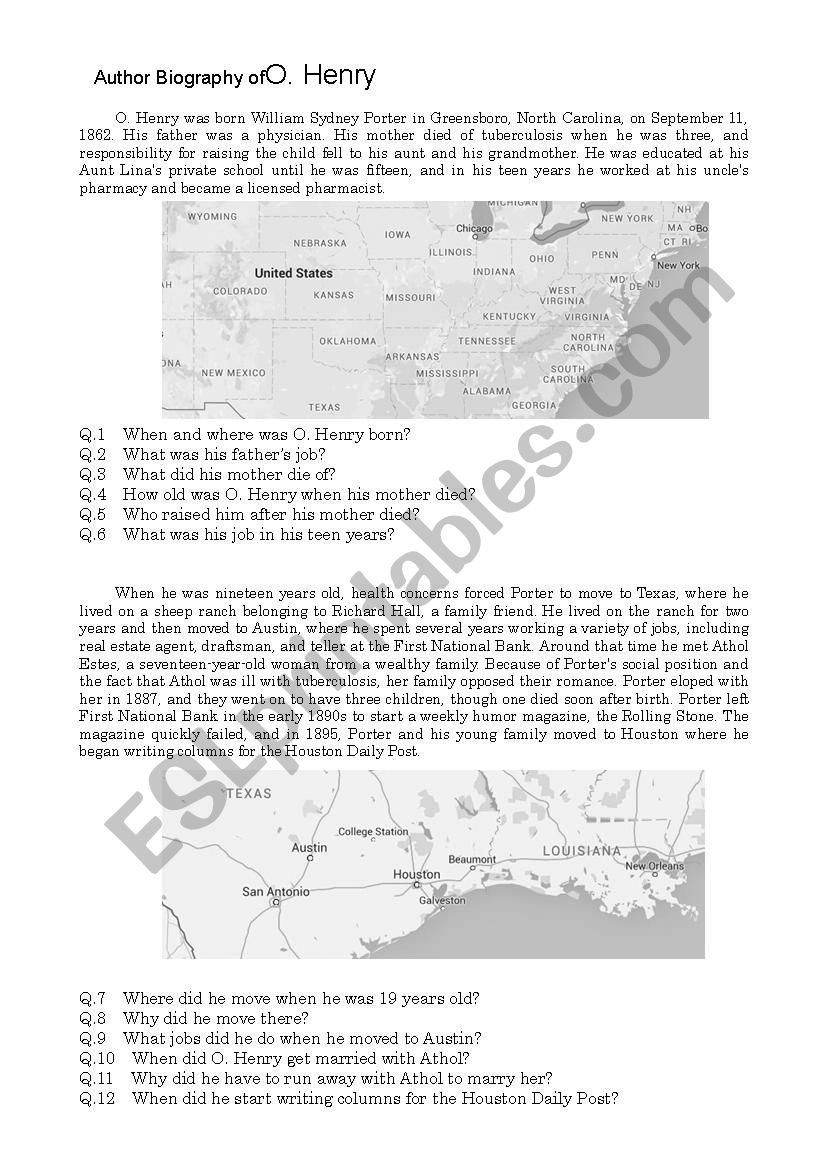 LetÂ´s Read the Biography of O. Henry - ESL worksheet by tarokawa2000