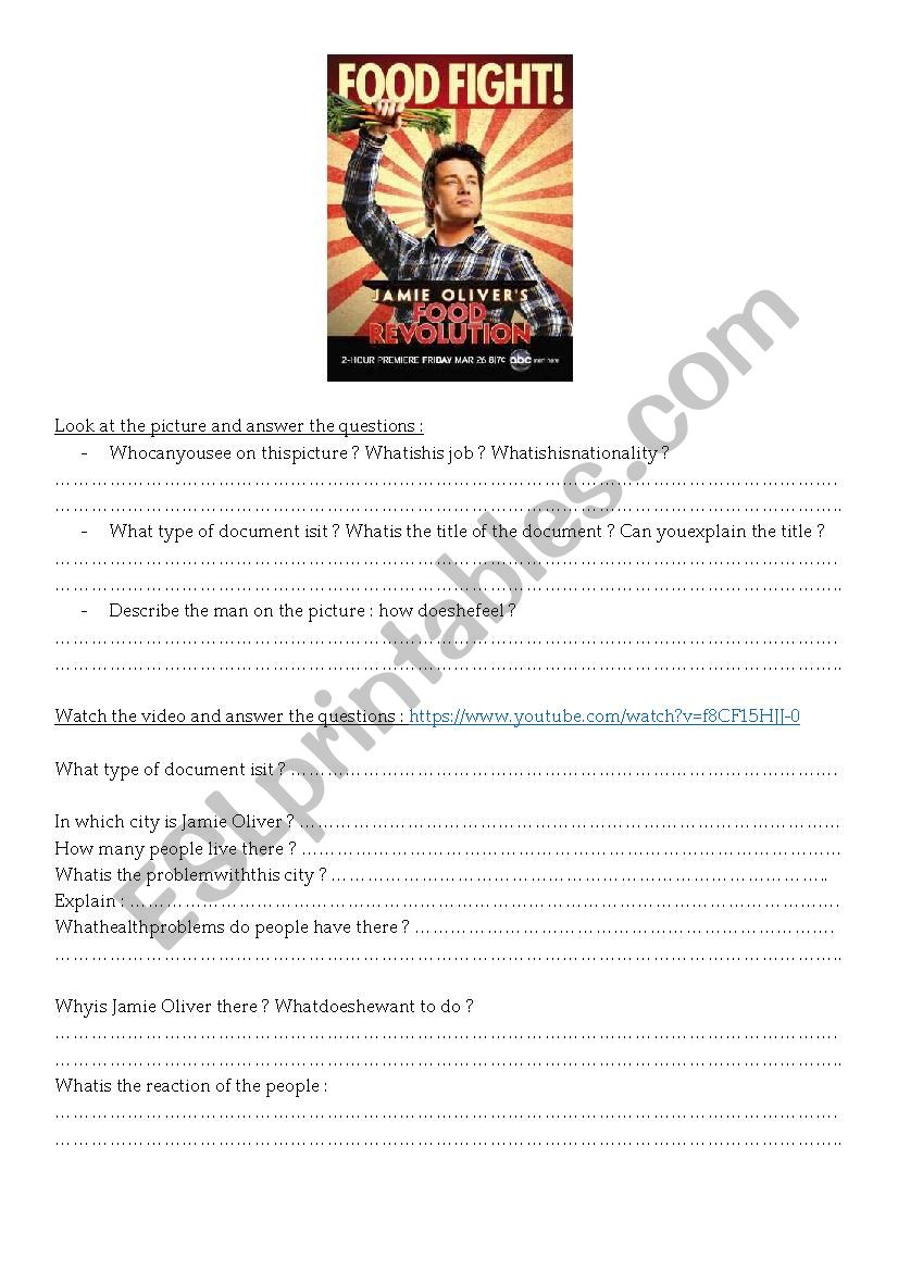 Jamie Oliver´s food revolution - ESL worksheet by englishteacher60