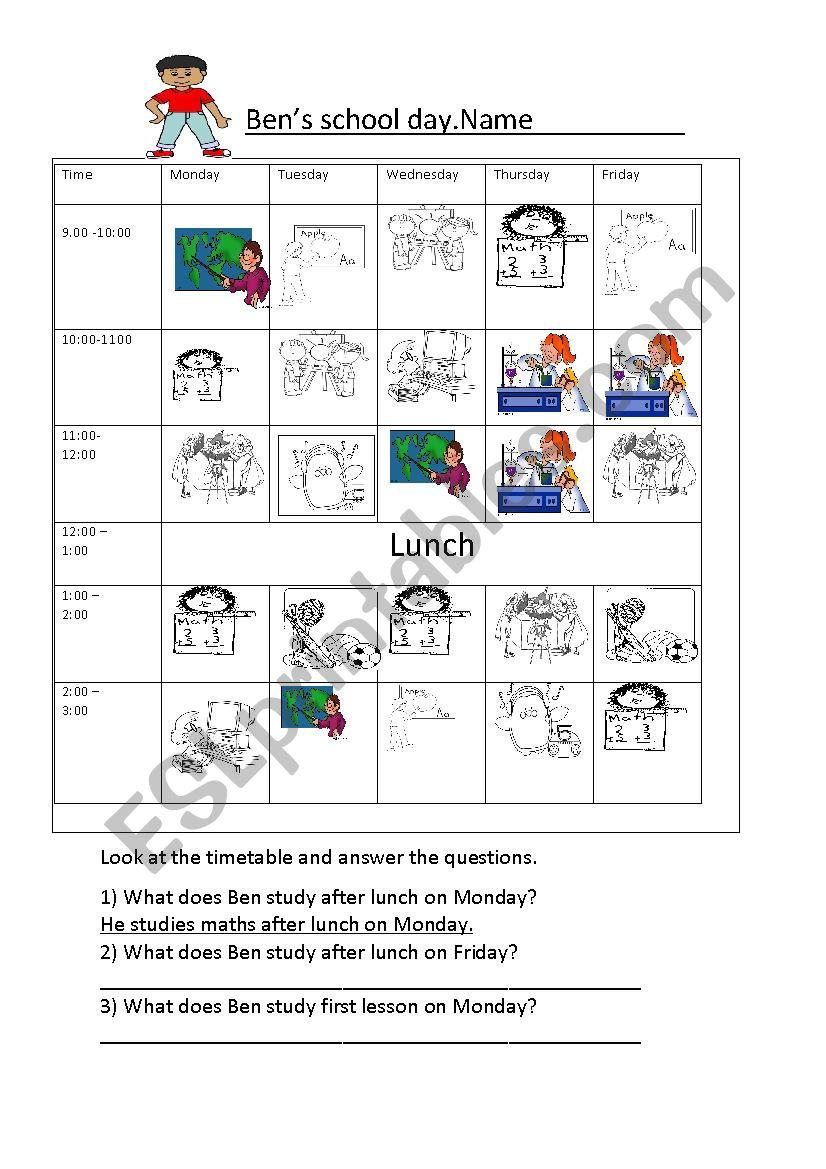 Ben´s school day - ESL worksheet by patsypeep