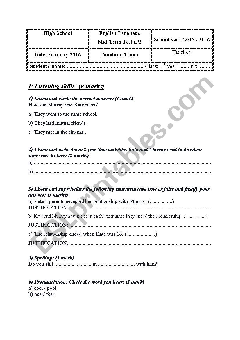 1st form mid-term test nÂ°2 - ESL worksheet by alessandroooo