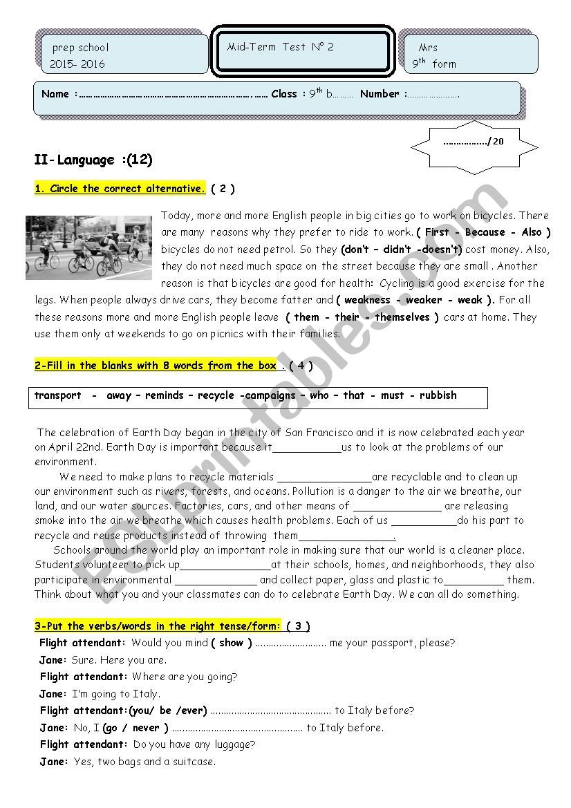 Mid-term test nÂ° 2 9 th grade - ESL worksheet by marane