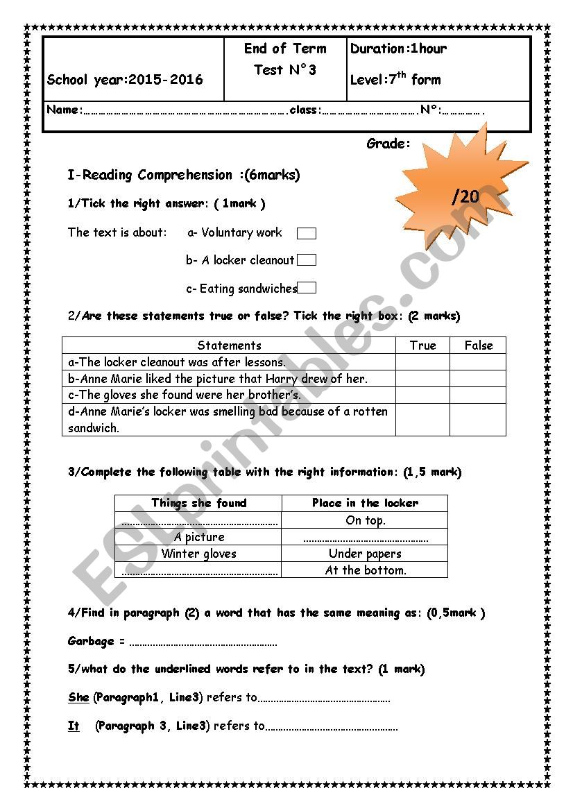 FULL TERM TEST N°3 - ESL worksheet by adamahmed