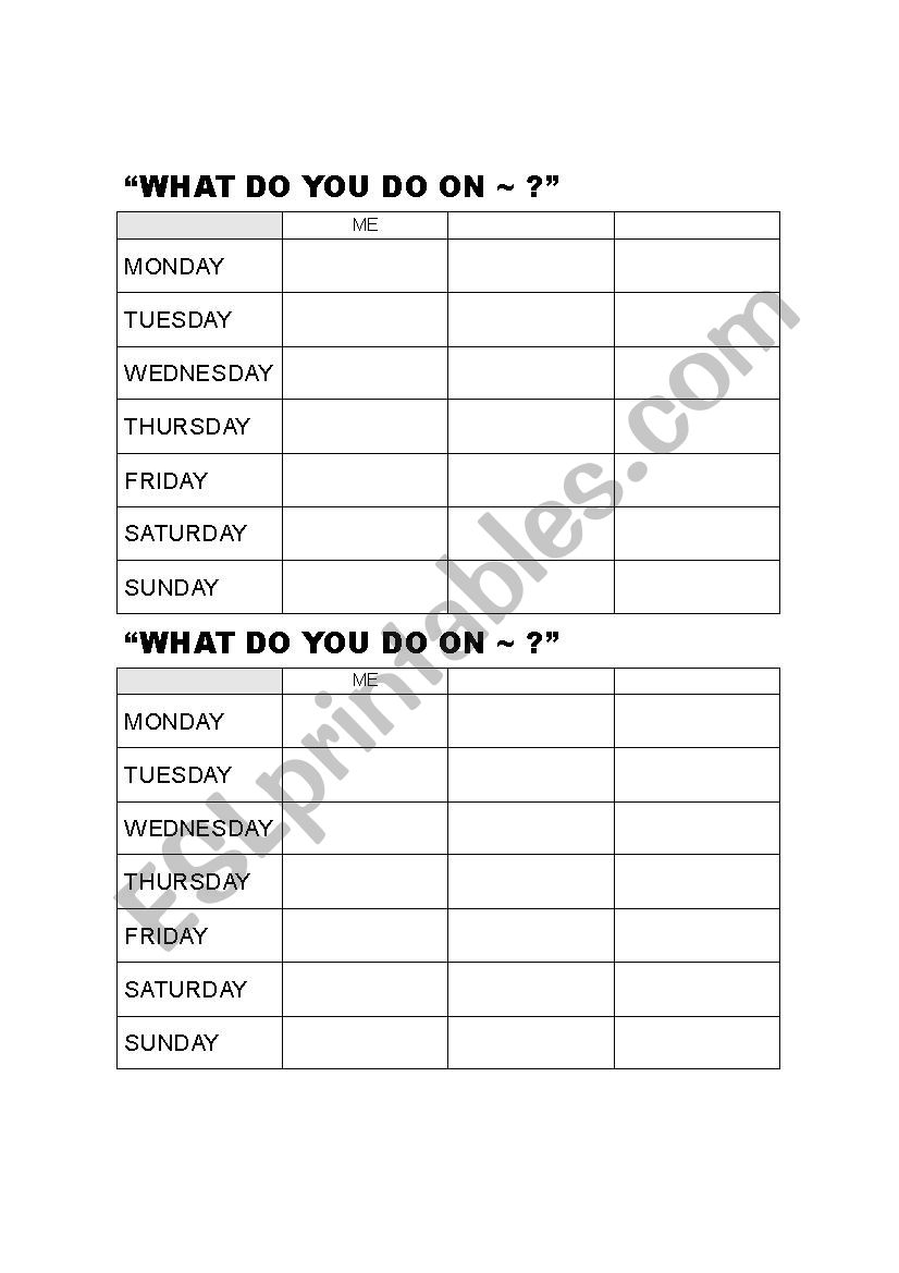 What do you do on each day of the week? - ESL worksheet by chris2u