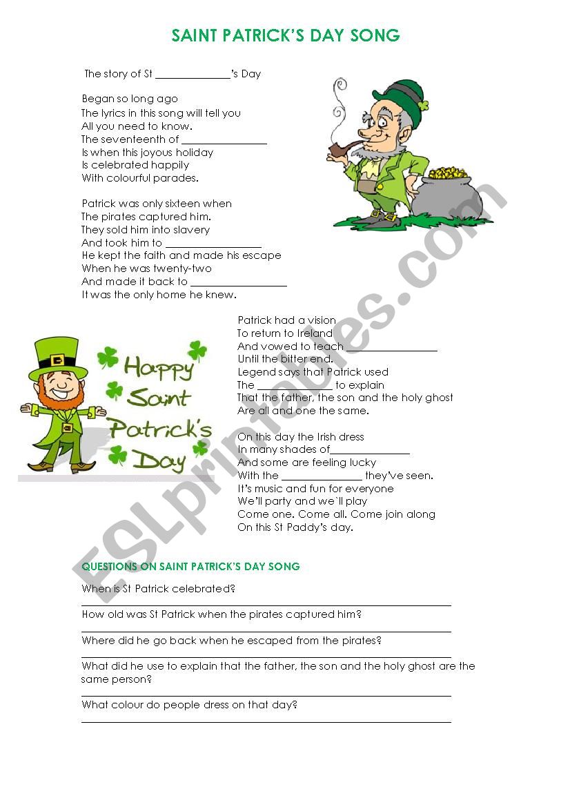 St Patrick´s Day song - ESL worksheet by señojulia
