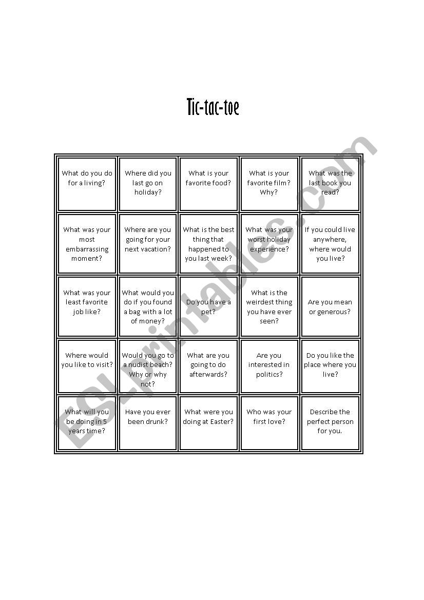 Tic Tac Toe ESL Worksheet By EloahMedeiros