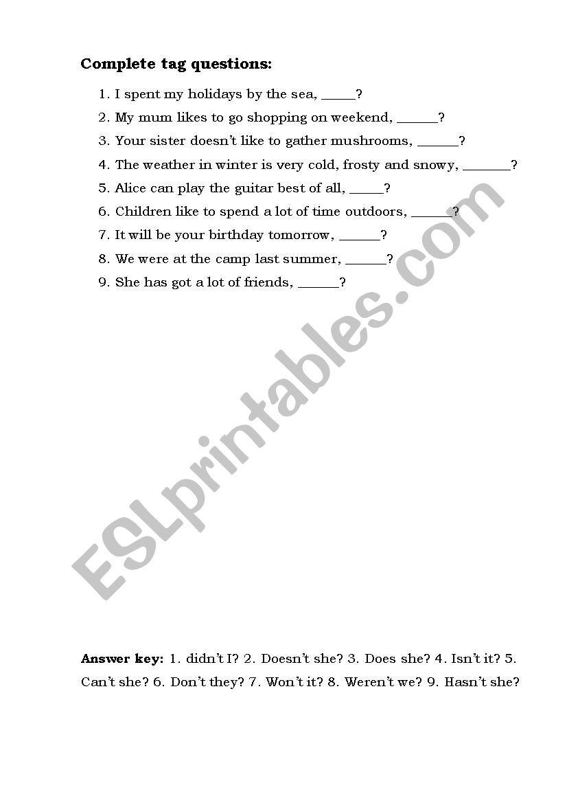 Tag questions practice sheet - ESL worksheet by EugeniaBaranova