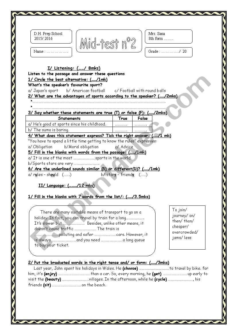 Mid term test nÂ°2 (8th form) - ESL worksheet by oumaimamoslim