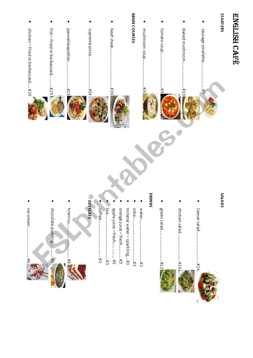 menu for ´at a restaurant´ - ESL worksheet by tuggggba