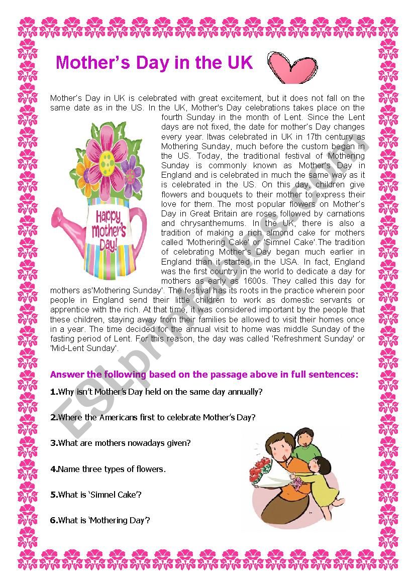 Mother´s Day in the UK - ESL worksheet by Elle81