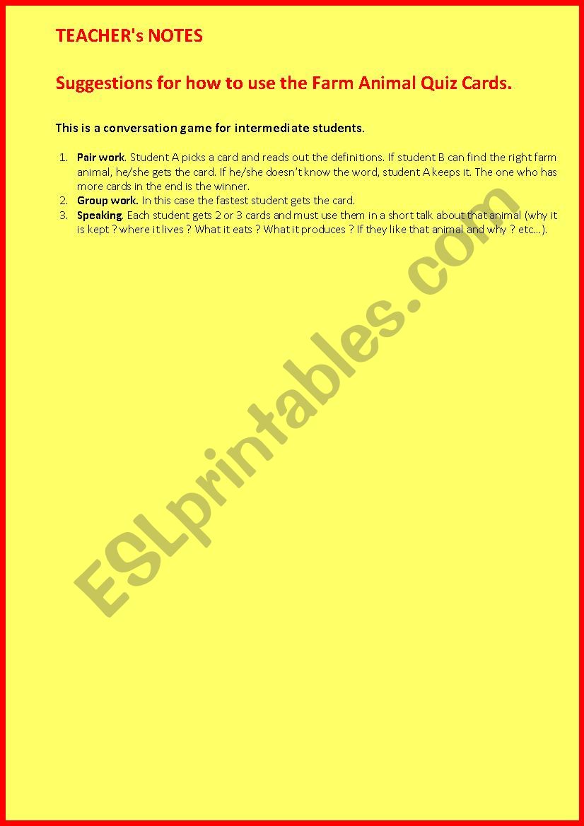 English Worksheets Farm Animal Quiz Conversation Cards