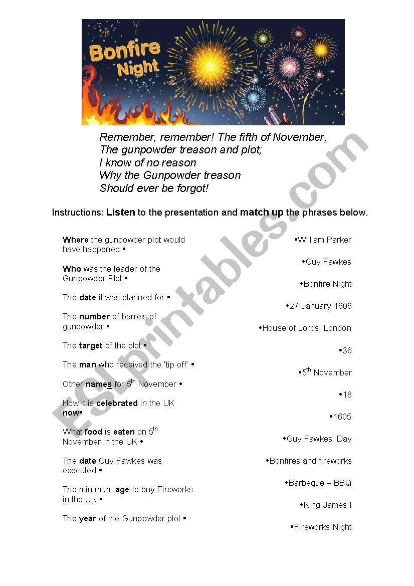 Bonfire Night UK match up the facts - ESL worksheet by Hils27