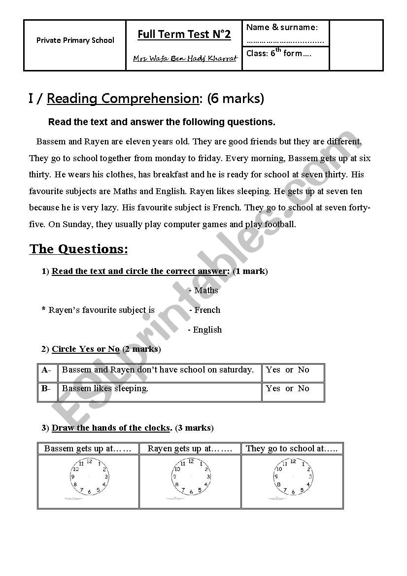 Full Term Test n°2 - 6th form - ESL worksheet by wafakharrat