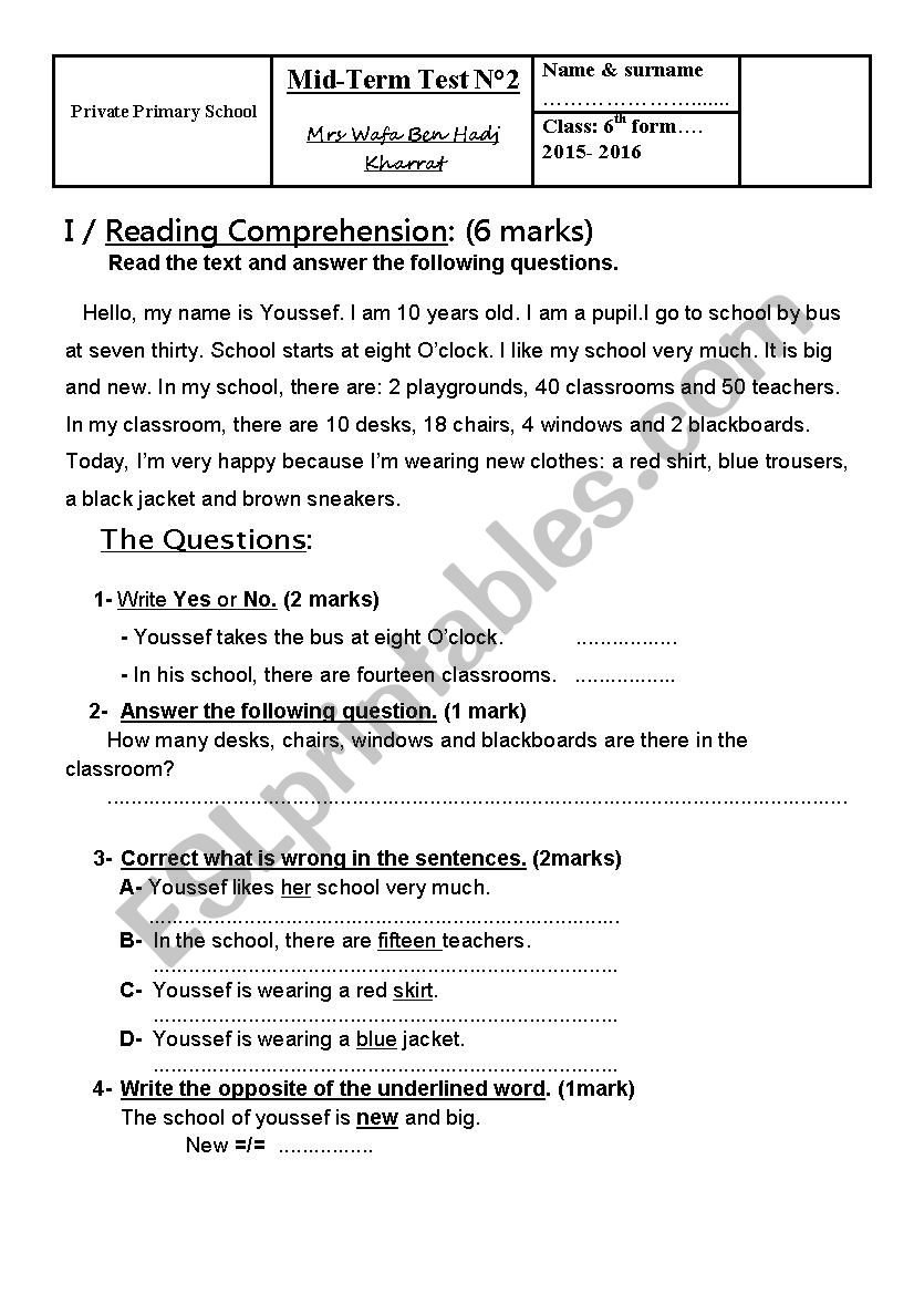 Mid Term Test nÂ° 2 - 6th form - ESL worksheet by wafakharrat
