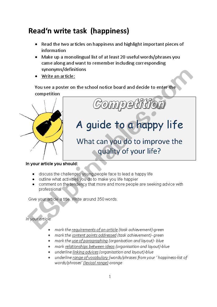 Read´n write on happiness (article) - ESL worksheet by fless