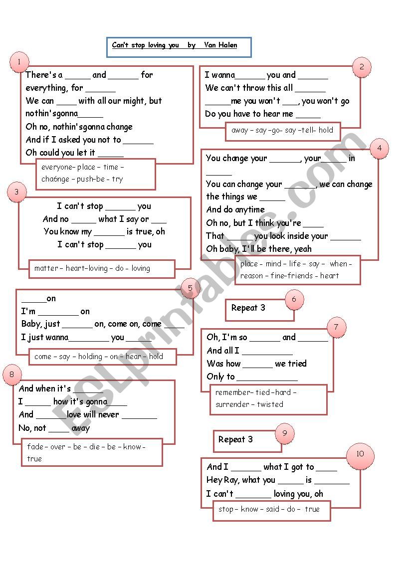 Can´t Stop Loving You - Van Halen - ESL worksheet by xristine16