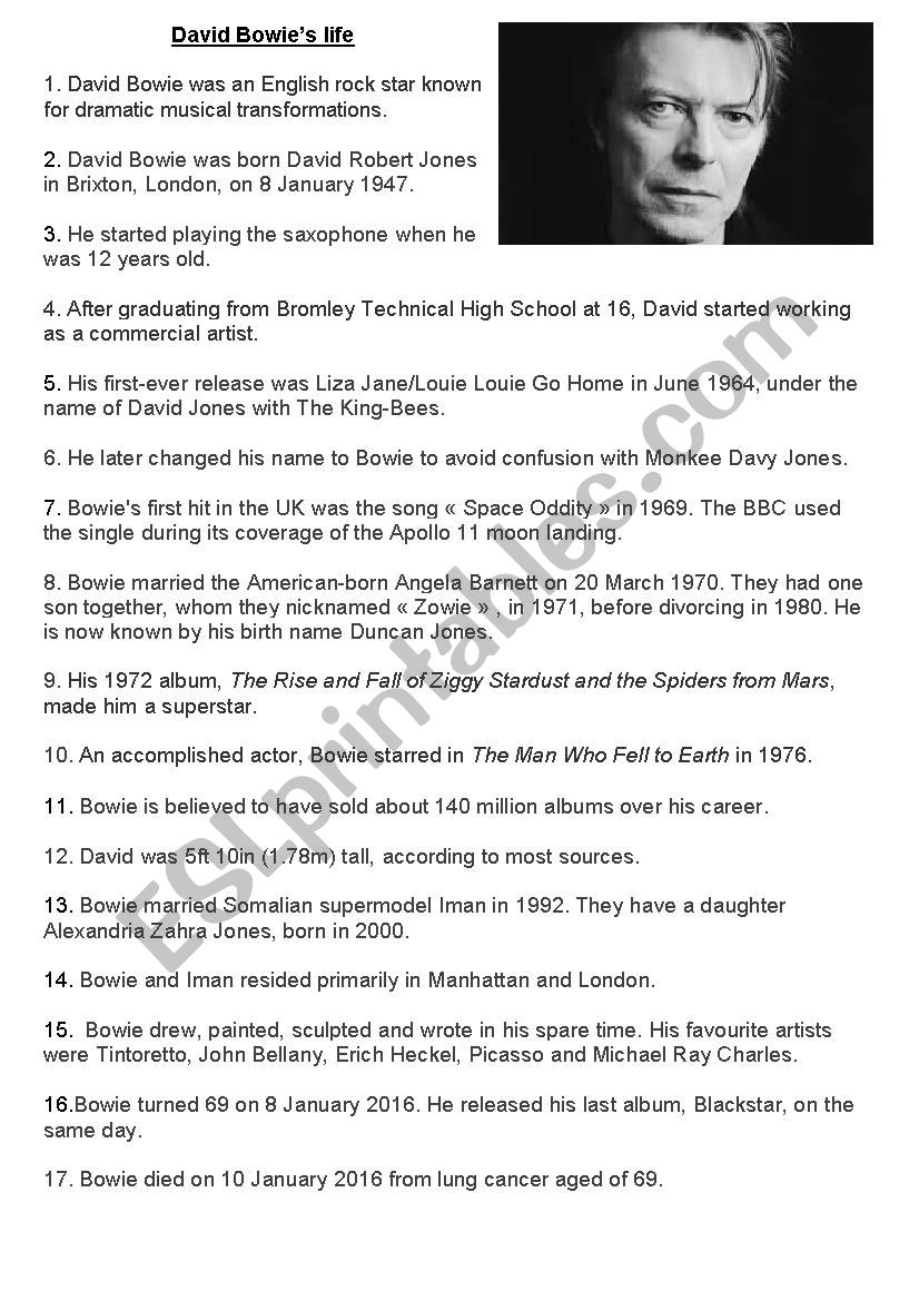 reading - facts about David Bowie´s life - ESL worksheet by zema