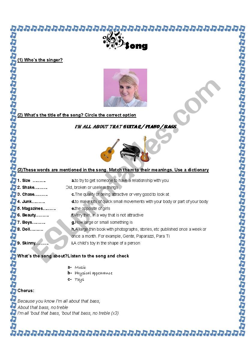 Song I´m all about that bass - ESL worksheet by Abi Leila