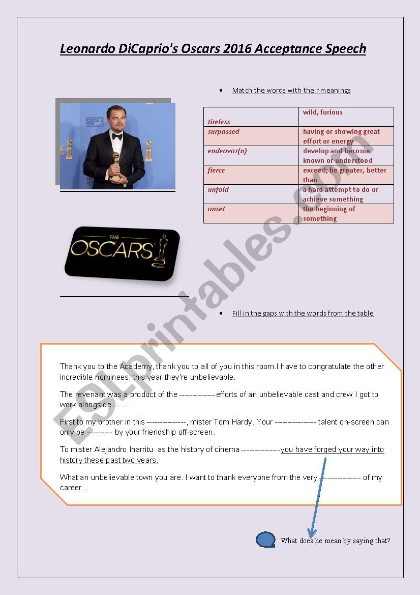Leonardo DiCaprio´s Acceptance speech at Oscars - ESL worksheet by an_nie