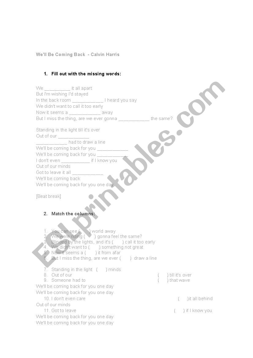 We´ll be coming back - ESL worksheet by julianalm