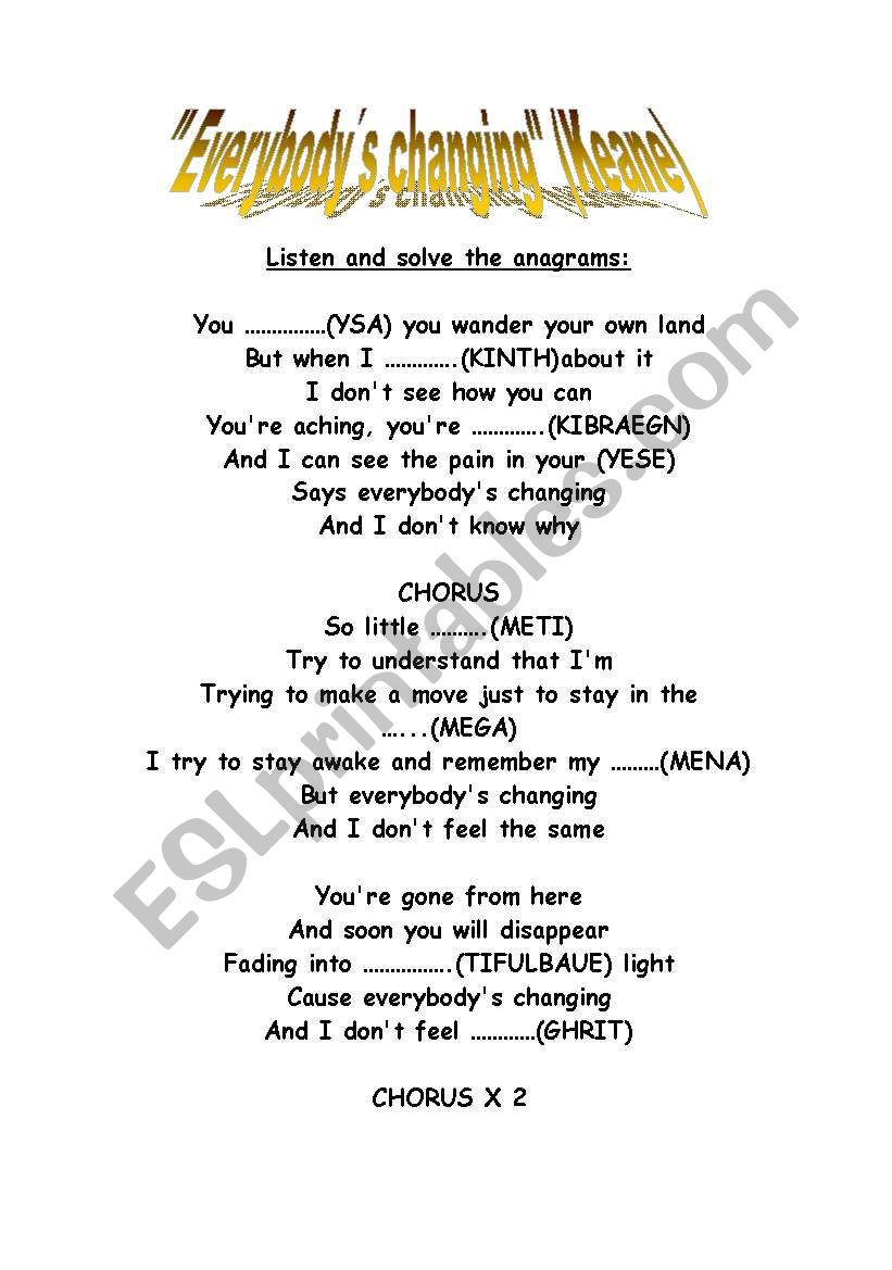 Everybody´s changing BY kEANE - ESL worksheet by imonteros04