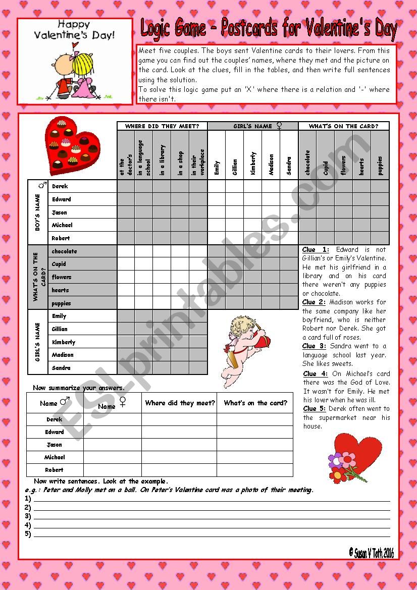 Logic game (67th) - Postcards for Valentine´s Day *** with key ...