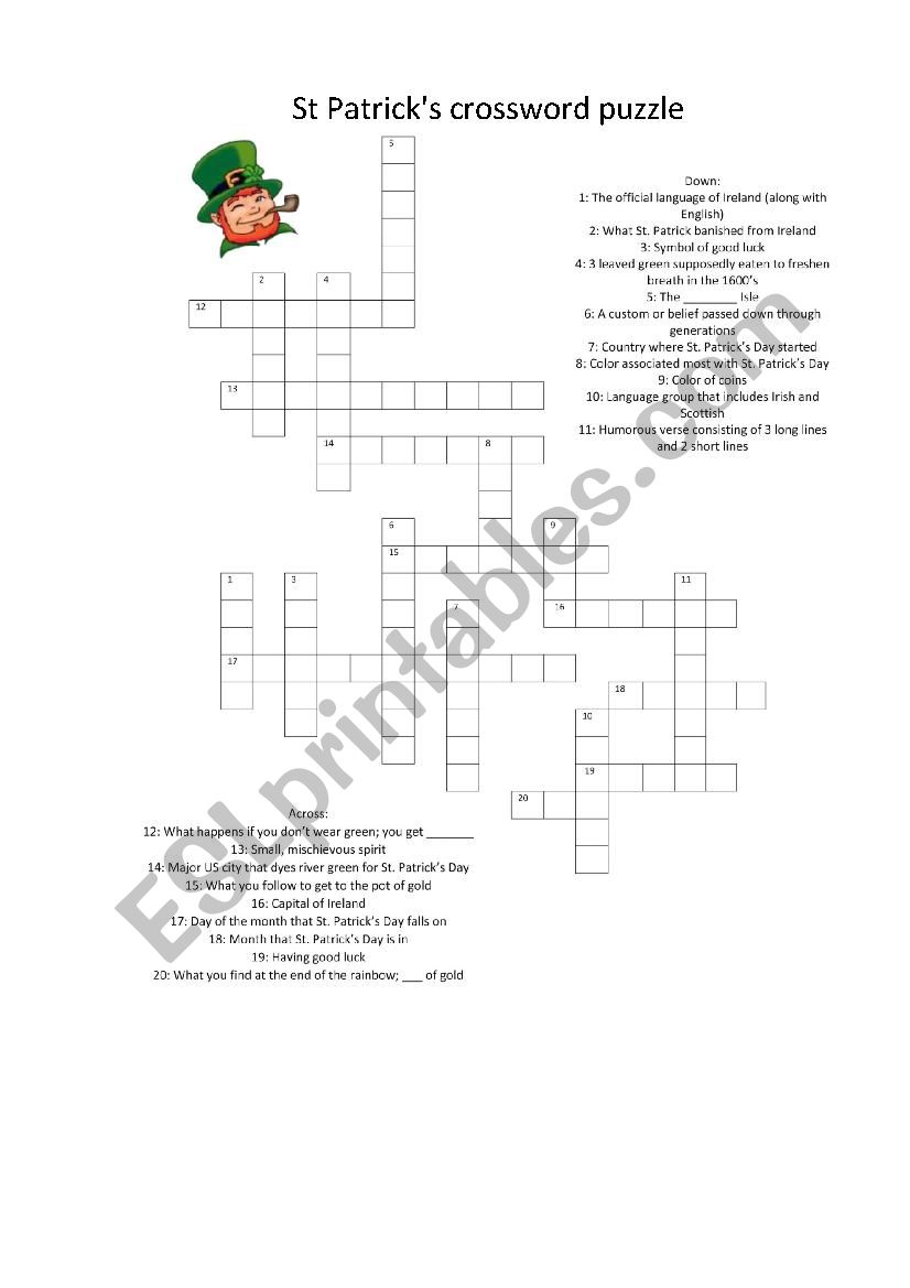 st patrick´s crossword puzzle - ESL worksheet by Mart0vskaya