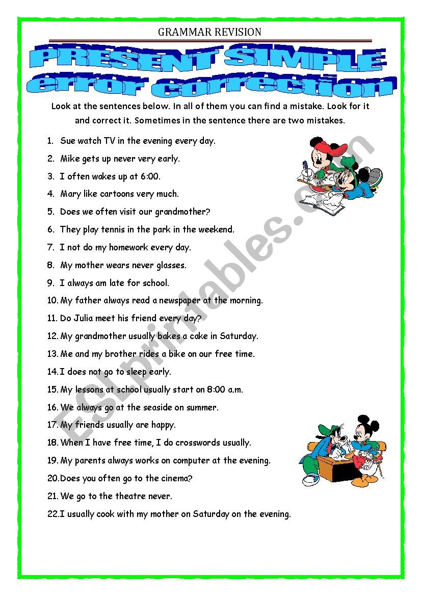 GRAMMAR REVISION Present Simple Error Correction ESL Worksheet By