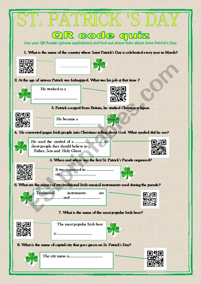 Saint Patrick´s Day Quiz with QR codes - ESL worksheet by anusiarybek