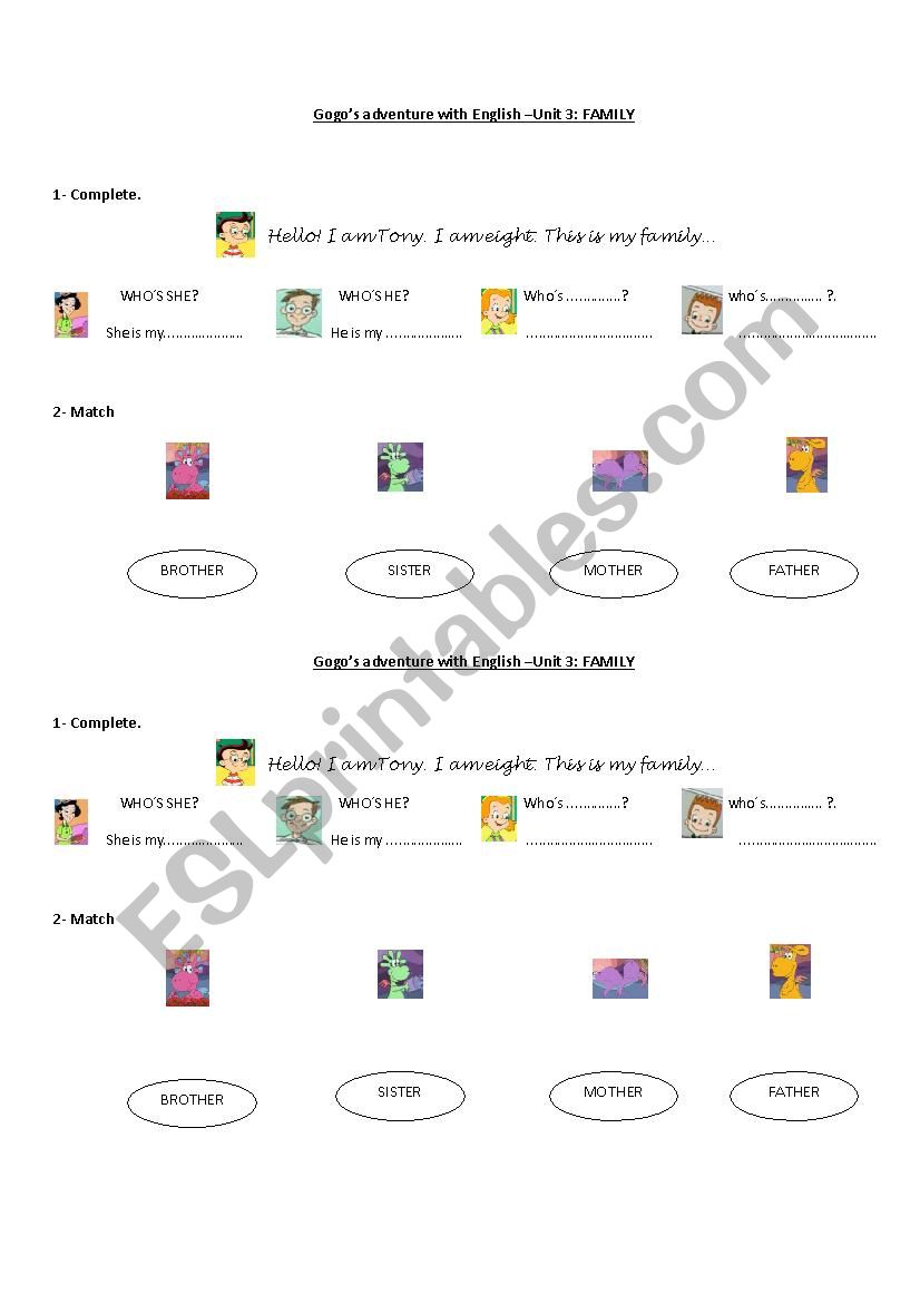 Gogo´s adventure with English. Unit 3: FAMILY - ESL worksheet by lumetivier