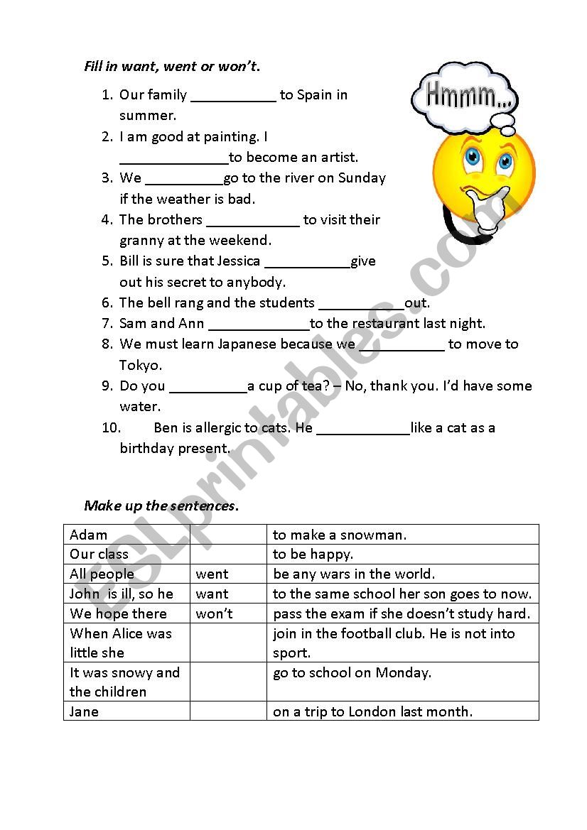 Choose want, went, won´t - ESL worksheet by Nina Rjabukha