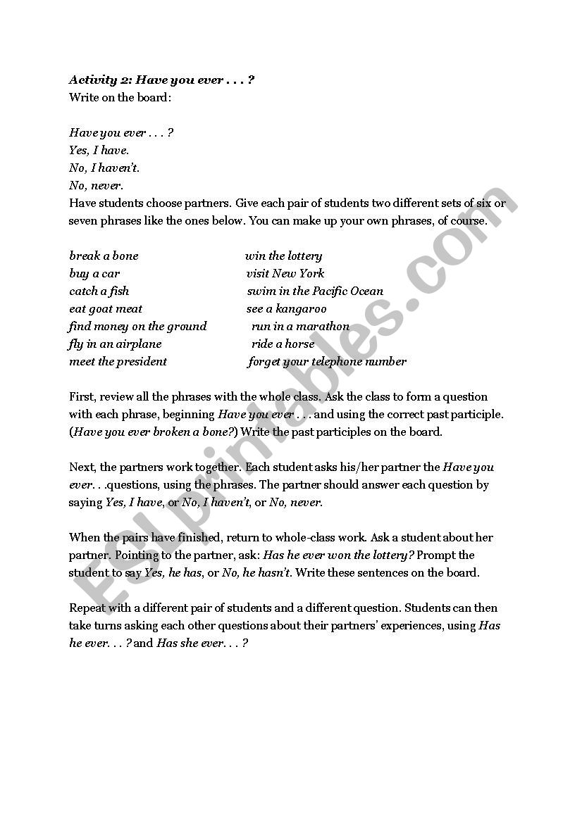 Activities ´Have you ever? ´ games and lesson plan - ESL worksheet by ...