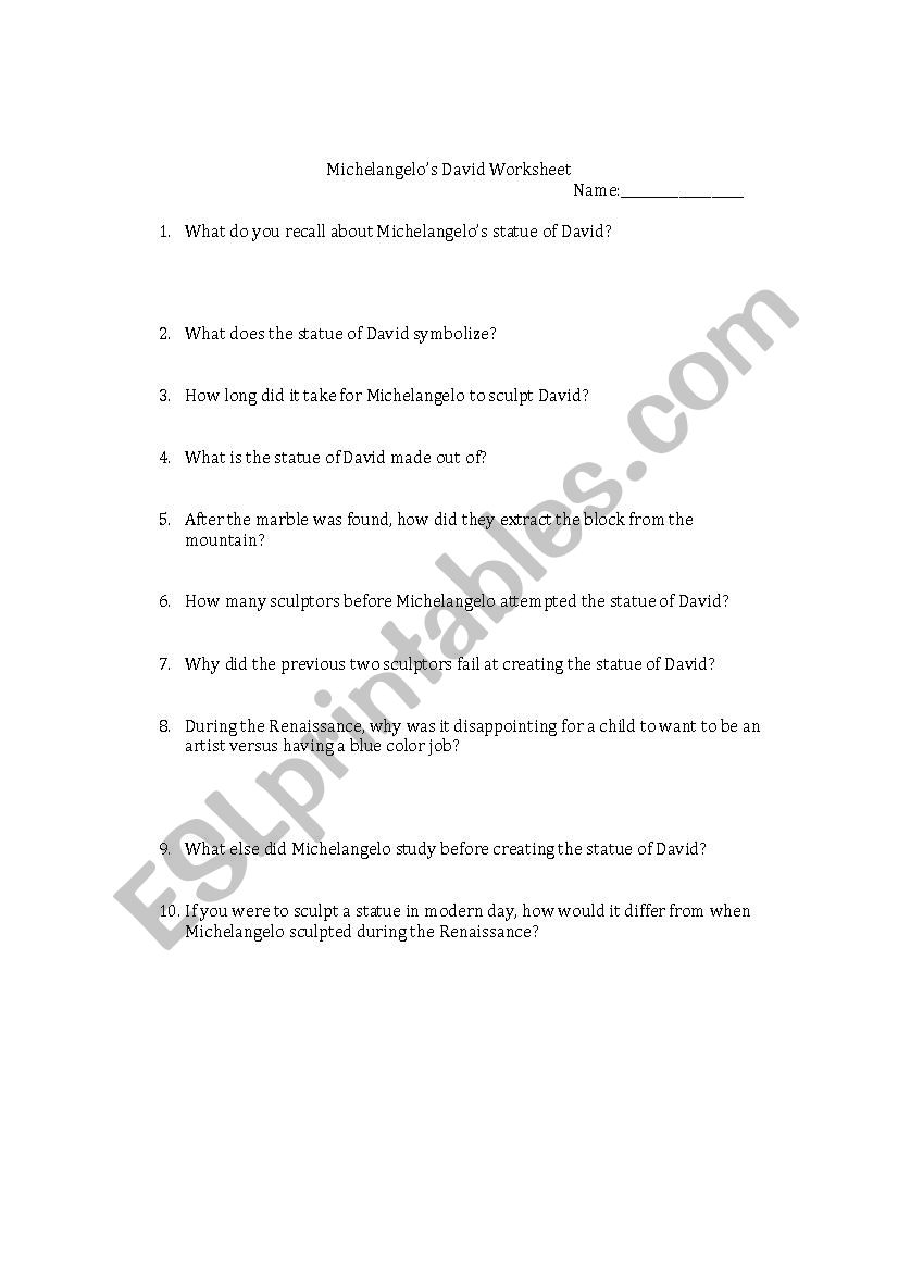 Michaelangelo´s David - ESL worksheet by cnwilliams4