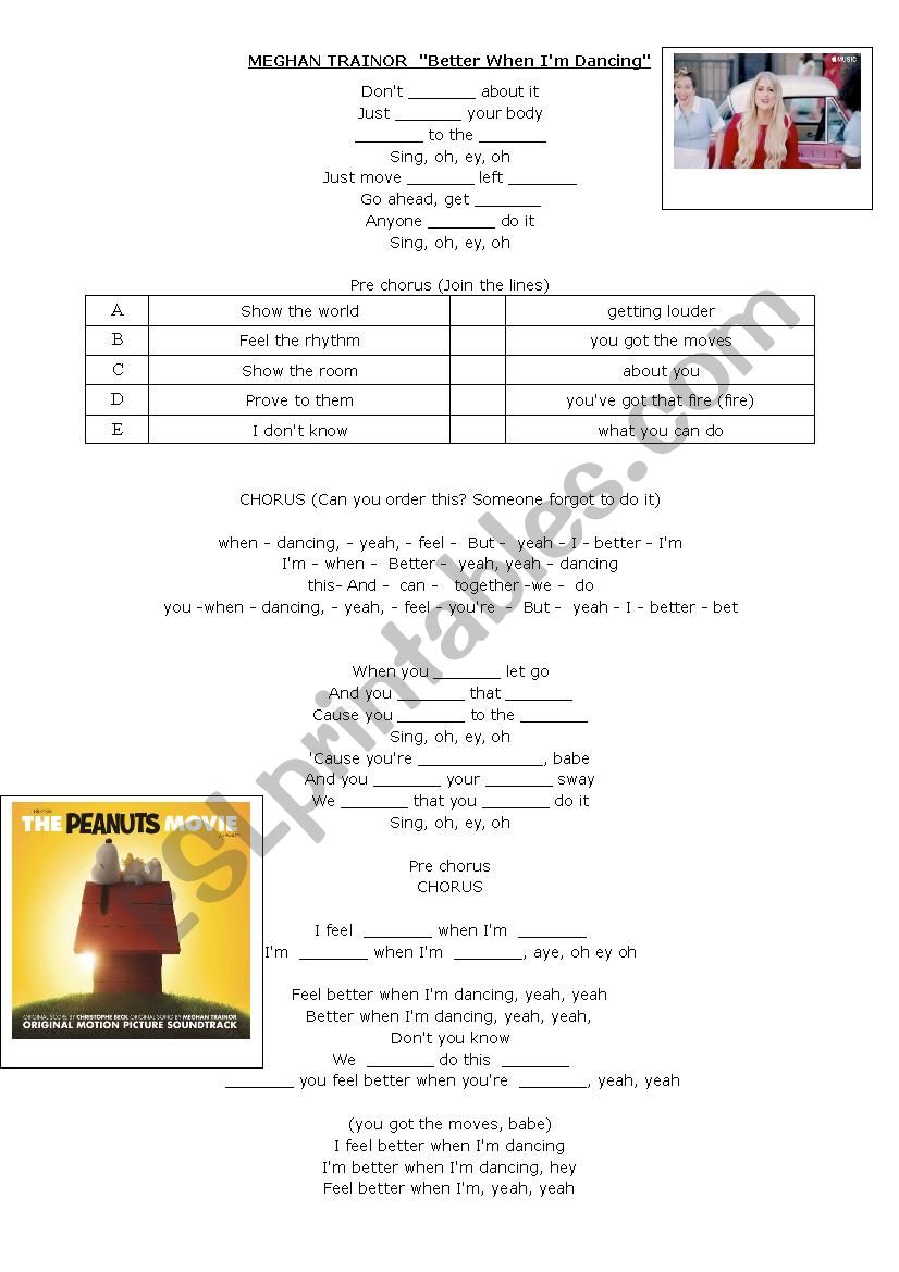 MEGHAN TRAINOR "Better When I´m Dancing" Fully editable - ESL worksheet ...