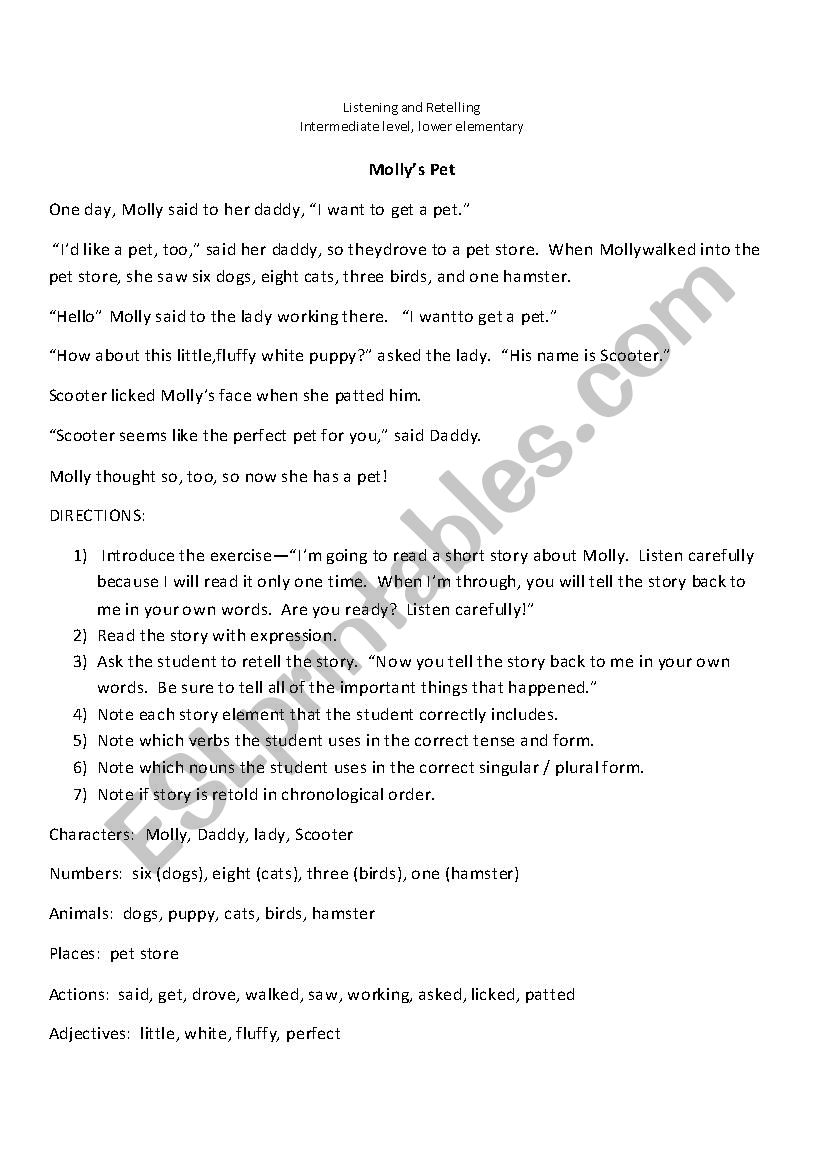 "Molly´s Pet" Listening & Speaking, lower elementary - ESL worksheet by ...