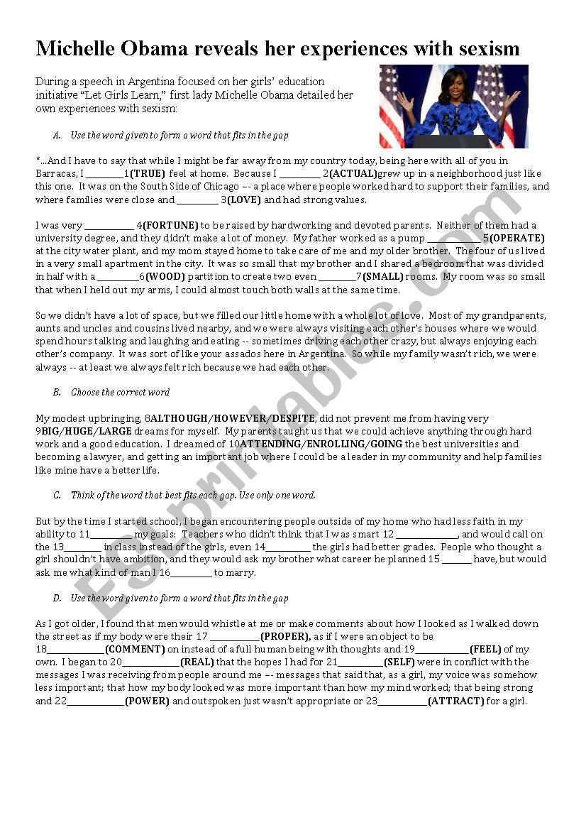 Michelle Obama´s Speech - Argentina 2016 - ESL worksheet by Ratu
