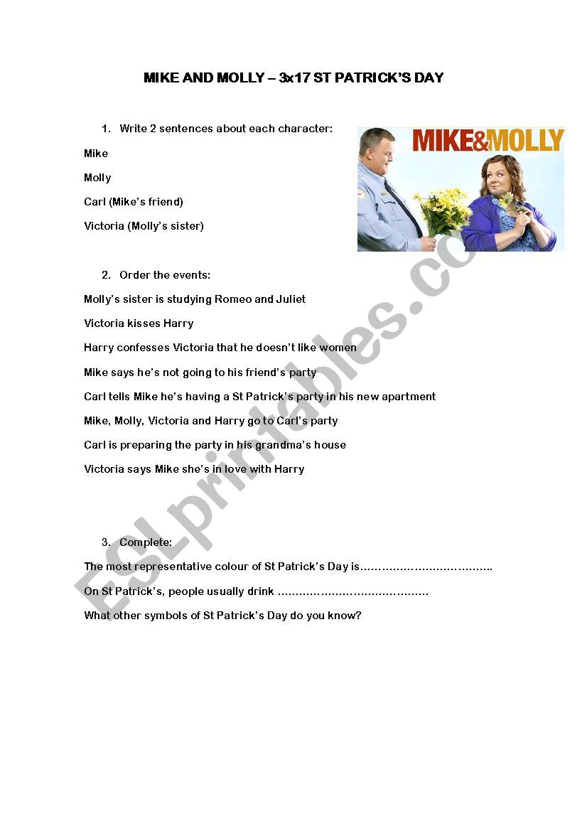 Mike and Molly worksheet (St Patrick´s Day) - ESL worksheet by ccasalf2011