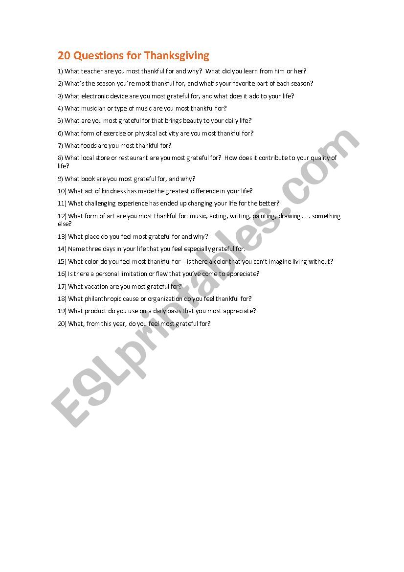 20 Questions for Thank´s Giving - ESL worksheet by Joice alves