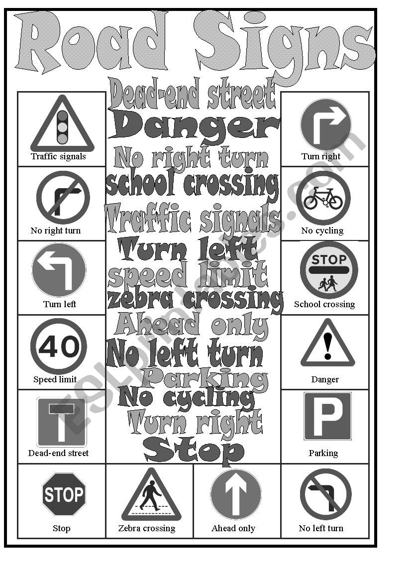 My English Class Road Signs Matching English Printable Worksheet