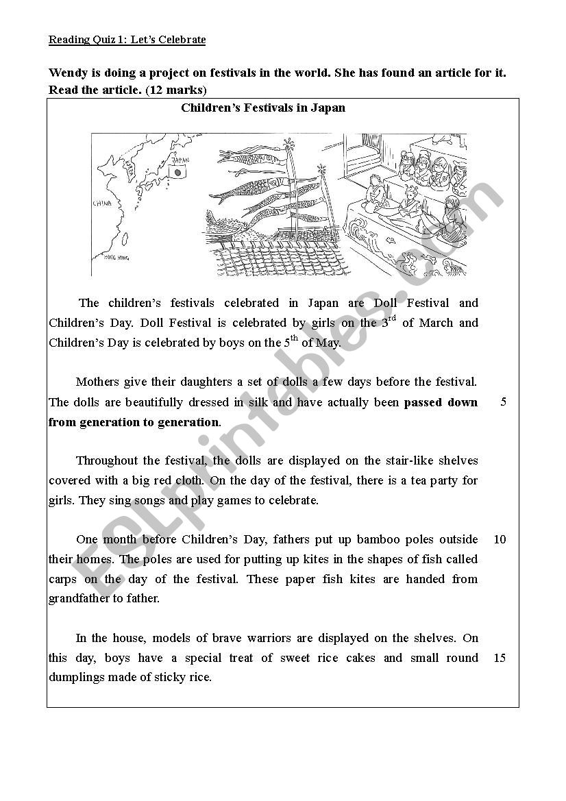 S1 Reading Quiz 2_ Children¡¦s Festivals in Japan - ESL worksheet by ...